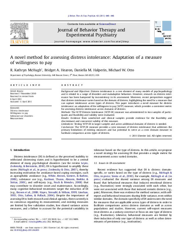 (PDF) A novel method for assessing distress intolerance: Adaptation of ...