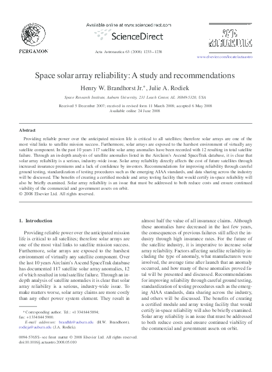 (PDF) Space solar array reliability: A study and recommendations