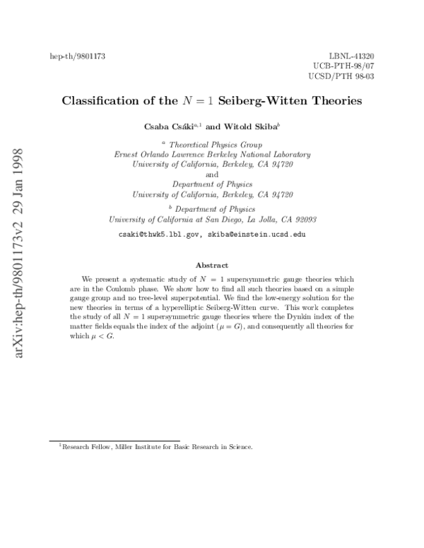 (PDF) Classification of the N=1 Seiberg-Witten theories