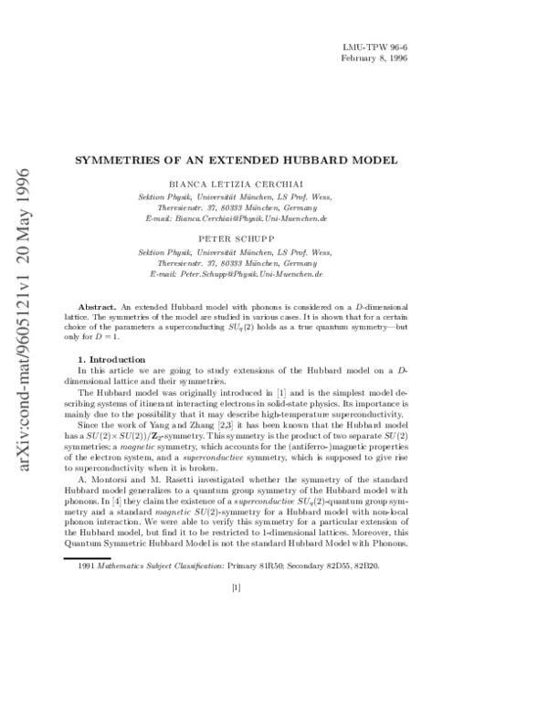 (PDF) Symmetries of an Extended Hubbard Model | Peter Schupp - Academia.edu
