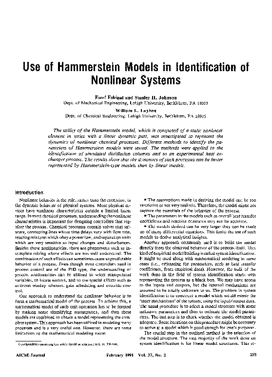 Pdf Use Of Hammerstein Models In Identification Of Nonlinear Systems