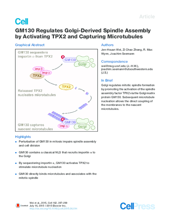 (PDF) GM130 Regulates Golgi-Derived Spindle Assembly by Activating TPX2 ...