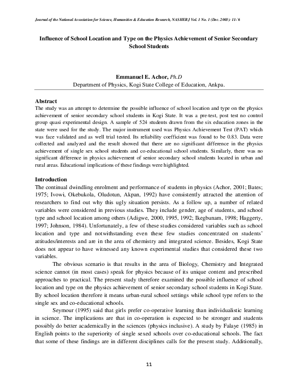 (PDF) Influence of School Location and Type on the Physics Achievement ...