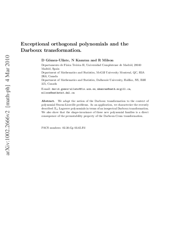 (PDF) Exceptional orthogonal polynomials and the Darboux transformation