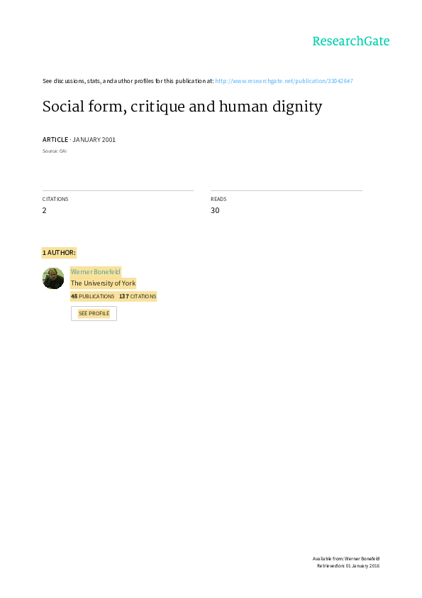 (PDF) Social Form, Critique and Human Dignity