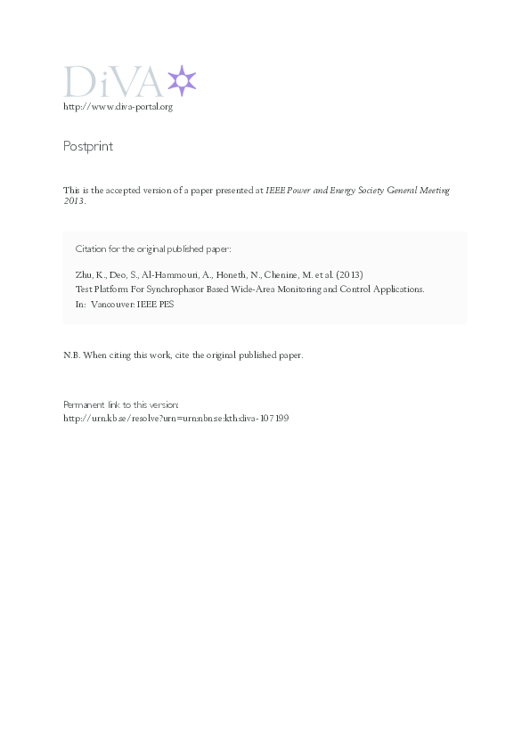 Pdf Test Platform For Synchrophasor Based Wide Area Monitoring And