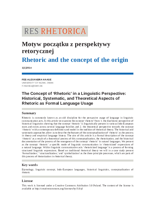 (PDF) The Concept of ‘Rhetoric’ in a Linguistic Perspective: Historical ...