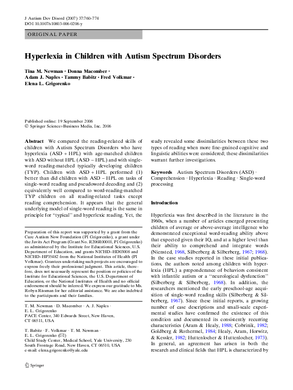 (PDF) Hyperlexia in Children with Autism Spectrum Disorders