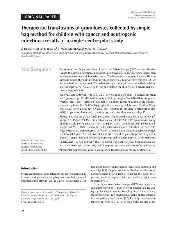 (PDF) Therapeutic transfusions of granulocytes collected by simple bag ...