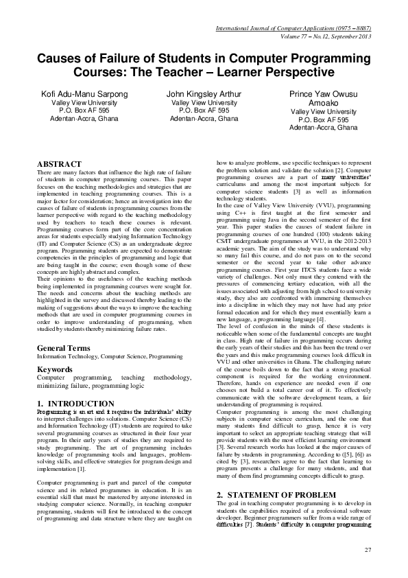 (PDF) Causes of Failure of Students in Computer Programming Courses ...