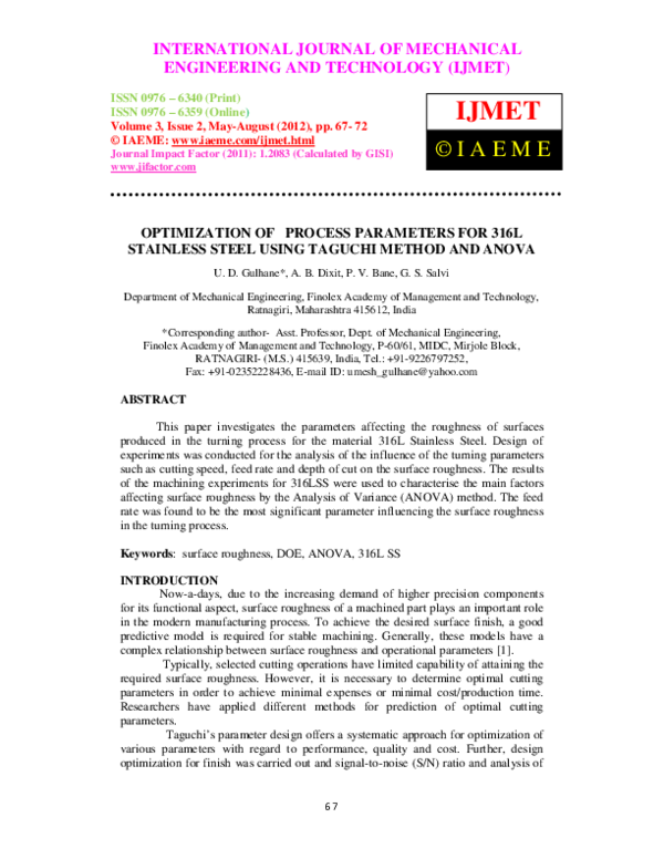 Pdf Optimization Of Process Parameters For 316l Stainless Steel Using Taguchi Method And Anova