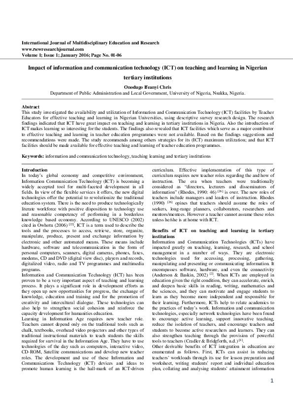 Pdf Impact Of Information And Communication Technology Ict On Teaching And Learning In