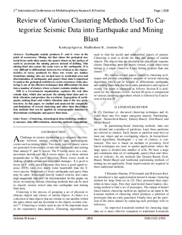 (PDF) Review of Various Clustering Methods Used To Ca-tegorize Seismic ...