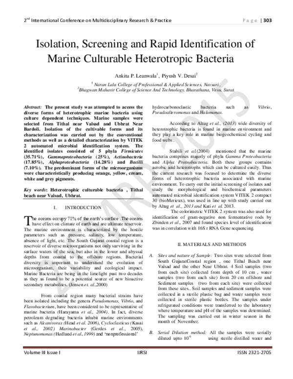 (PDF) Isolation, Screening and Rapid Identification of Marine Culturable Heterotropic Bacteria