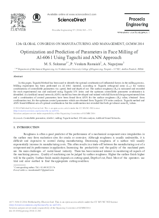 Pdf Optimization And Prediction Of Parameters In Face Milling Of Al 6061 Using Taguchi And Ann