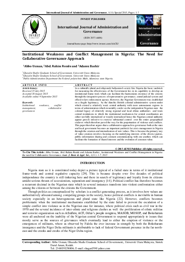 (PDF) Institutional Weakness and Conflict Management in Nigeria: The ...