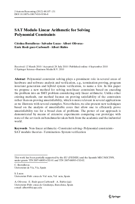 Pdf Sat Modulo Linear Arithmetic For Solving Polynomial Constraints