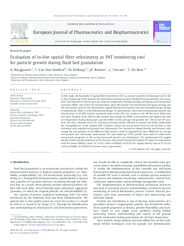 Pdf Evaluation Of In Line Spatial Filter Velocimetry As Pat Monitoring Tool For Particle