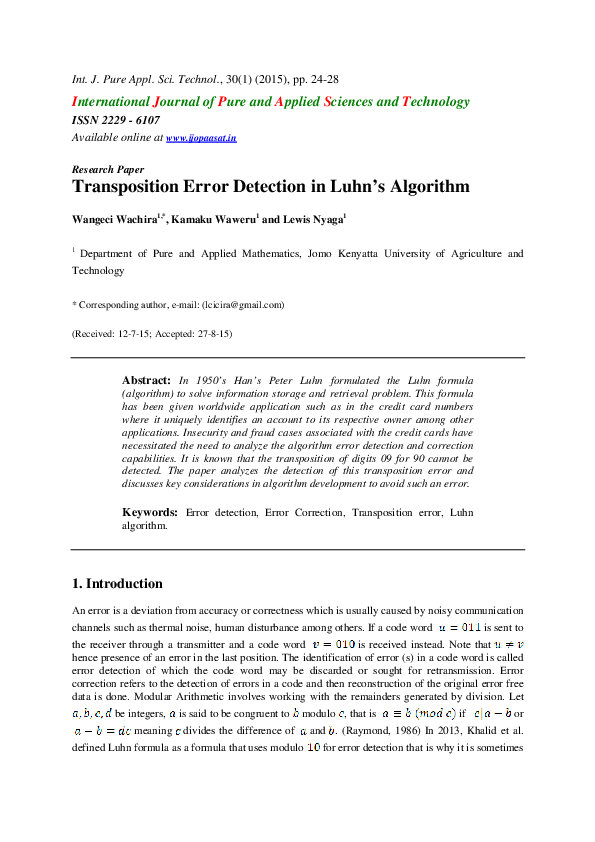 Pdf Transposition Error Detection In Luhns Algorithm 8201