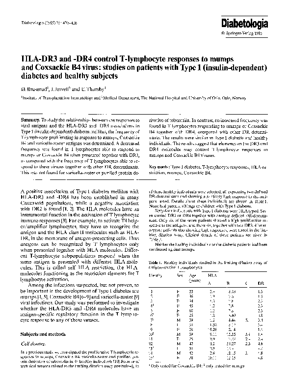 (PDF) HLA-DR3 and -DR4 control T-lymphocyte responses to mumps and Coxsackie B4 virus: studies ...
