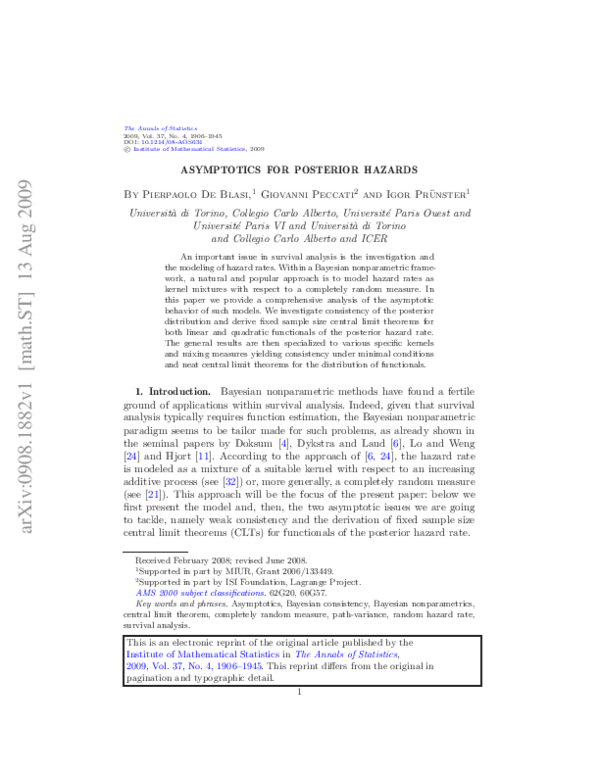 (PDF) Asymptotics for posterior hazards | Giovanni Peccati - Academia.edu