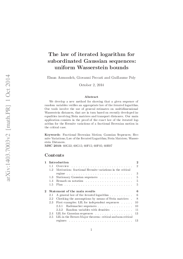 (PDF) The law of iterated logarithm for subordinated Gaussian sequences: uniform Wasserstein bounds