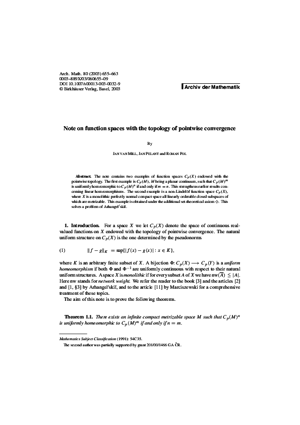 Pdf Note On Function Spaces With The Topology Of Pointwise Convergence