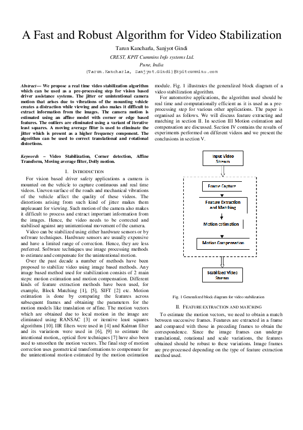 (PDF) A Fast and Robust Algorithm for Video Stabilization