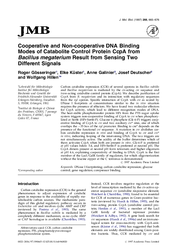(PDF) Cooperative and non-cooperative DNA binding modes of catabolite control protein CcpA from ...