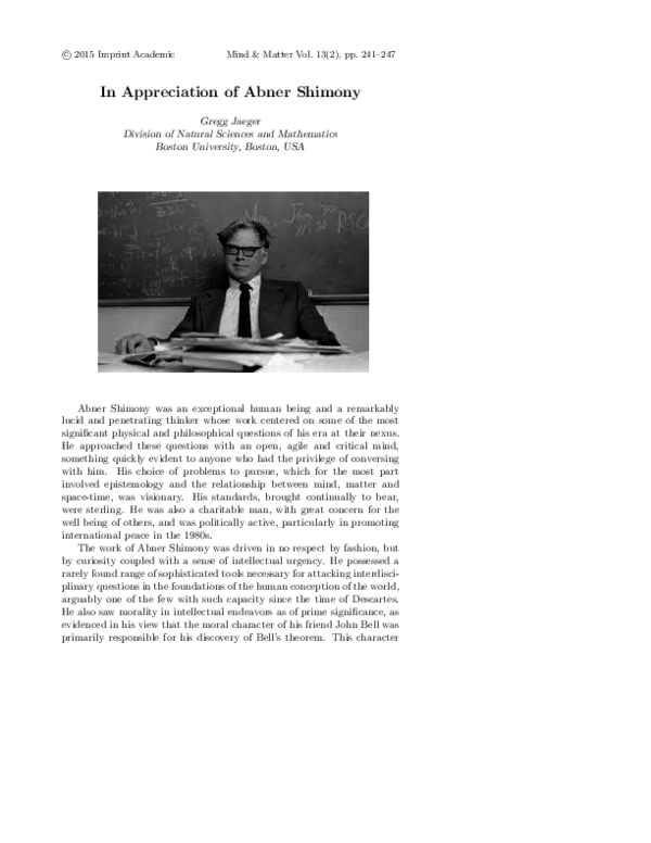 (PDF) In Appreciation of Abner Shimony