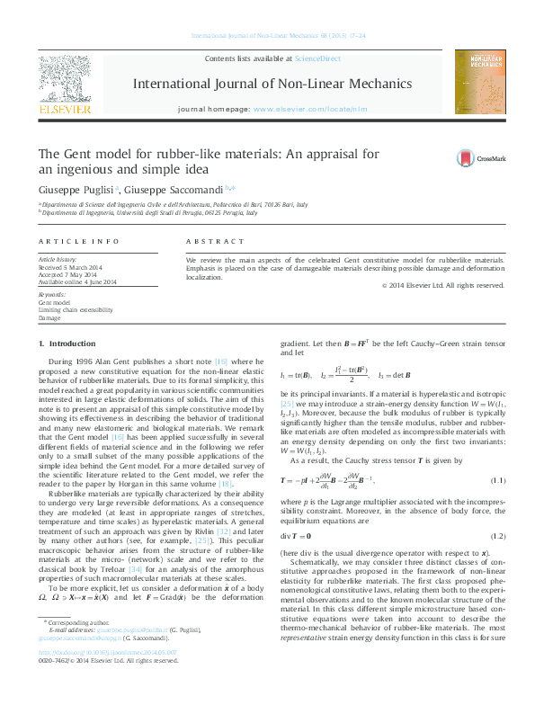 (PDF) The Gent model for rubber-like materials: An appraisal for an ...