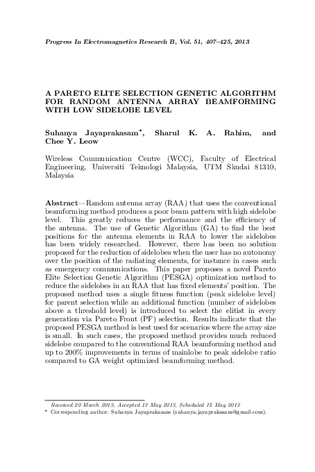 Pdf A Pareto Elite Selection Genetic Algorithm For Random Antenna Array Beamforming With Low