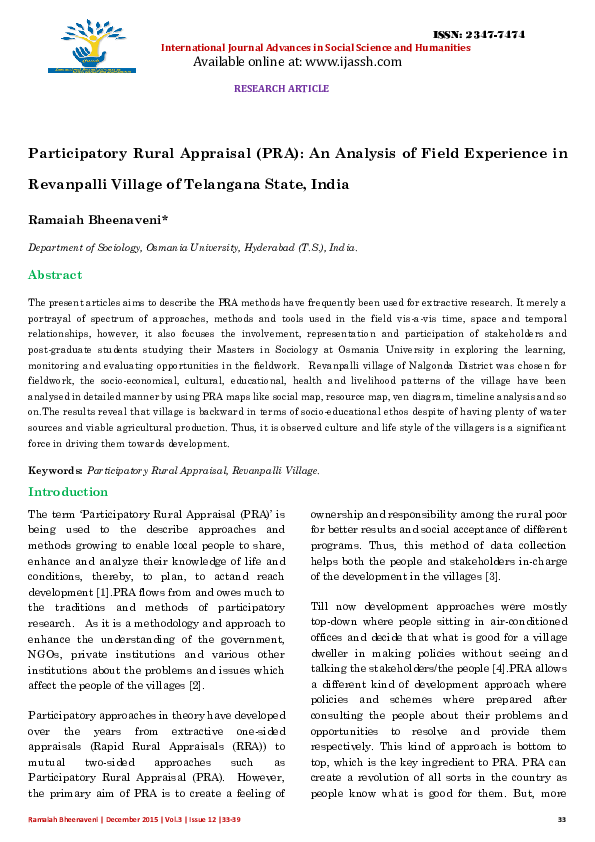 (PDF) Participatory Rural Appraisal (PRA): An Analysis of Field ...