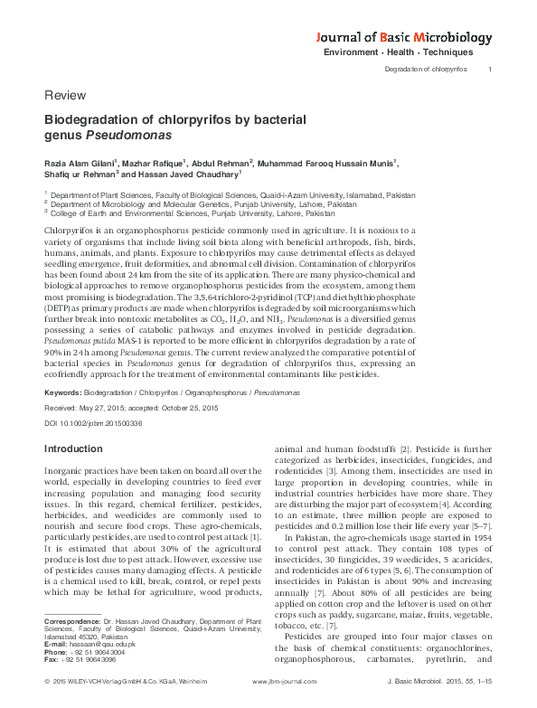 (PDF) Biodegradation of chlorpyrifos by bacterial genus Pseudomonas