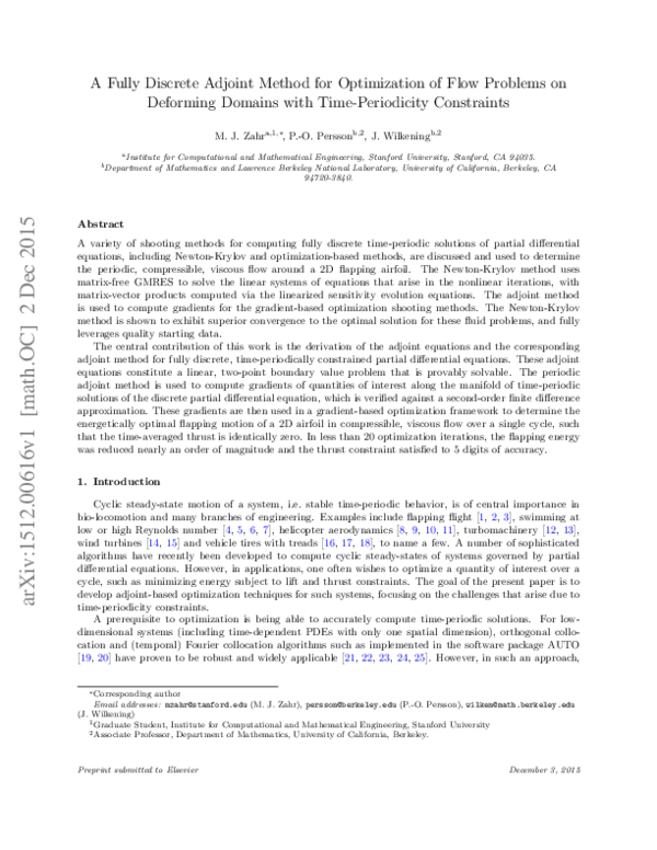 Pdf A Fully Discrete Adjoint Method For Optimization Of Flow Problems On Deforming Domains
