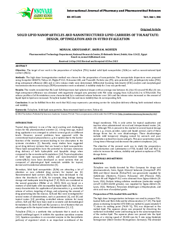 Pdf Solid Lipid Nanoparticles And Nanostructured Lipid Carriers Of Tolnaftate Design