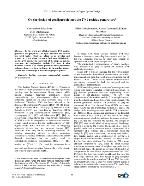 (PDF) On the Design of Configurable Modulo 2n±1 Residue Generators