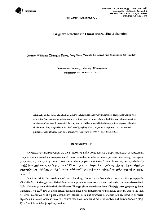 (PDF) Grignard reactions to chiral oxazolidine aldehydes