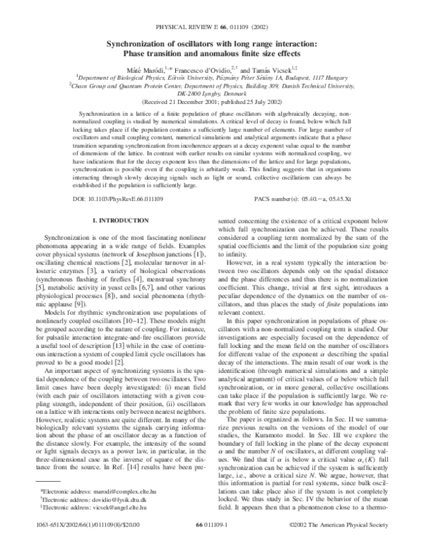 (PDF) Synchronization of oscillators with long-range power law interactions