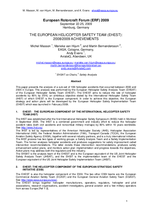 (PDF) THE EUROPEAN HELICOPTER SAFETY TEAM (EHEST): 2008/2009 ACHIEVEMENTS