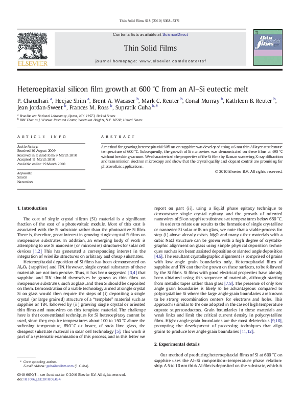 (PDF) Heteroepitaxial silicon film growth at 600°C from an Al–Si eutectic melt