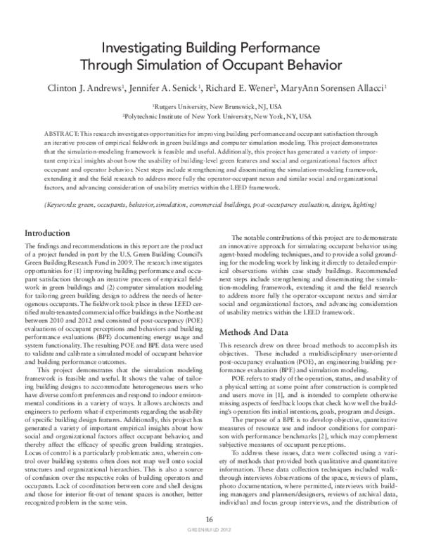 (PDF) Investigating Building Performance Through Simulation of Occupant Behavior