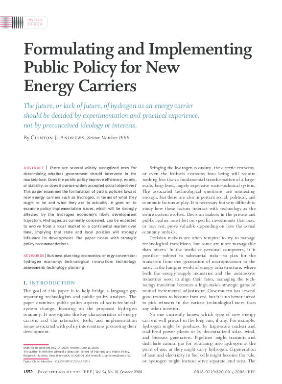(PDF) Formulating and Implementing Public Policy for New Energy Carriers