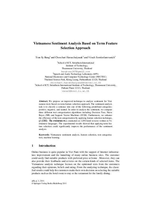 Pdf Vietnamese Sentiment Analysis Based On Term Feature Selection