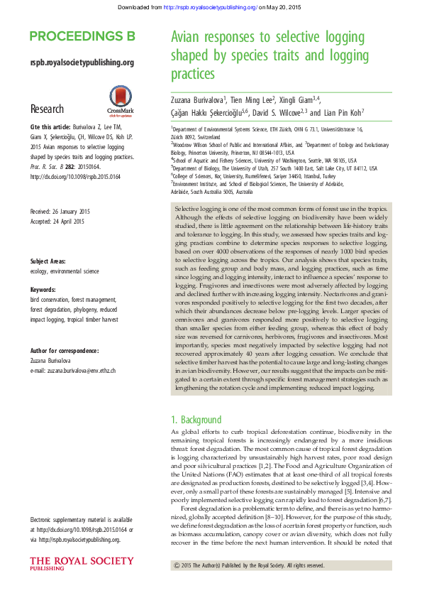 Pdf Avian Responses To Selective Logging Shaped By Species Traits And Logging Practices