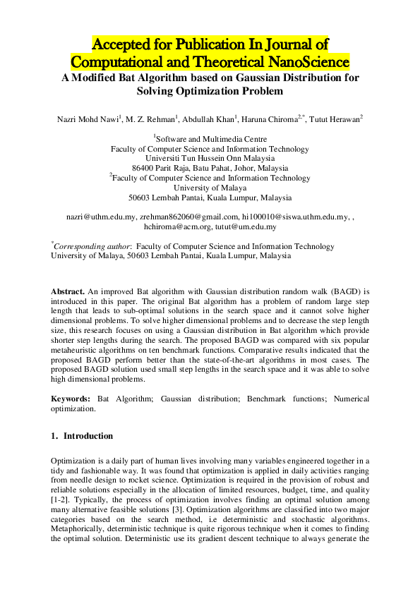 Pdf A Modified Bat Algorithm Based On Gaussian Distribution For