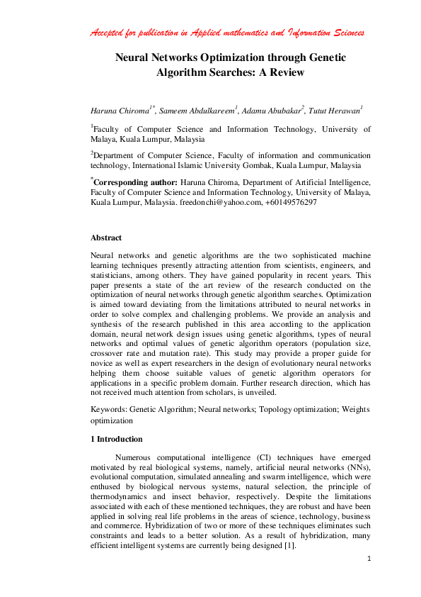 Pdf Neural Networks Optimization Through Genetic Algorithm Searches A Review