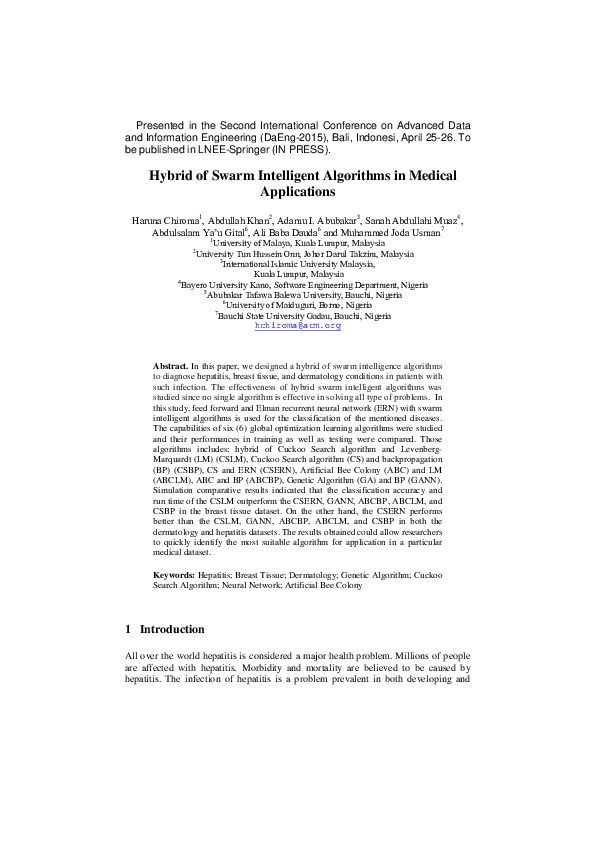 Pdf Hybrid Of Swarm Intelligent Algorithms In Medical Applications