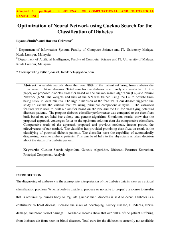 Pdf Optimization Of Neural Network Using Cuckoo Search For The Classification Of Diabetes