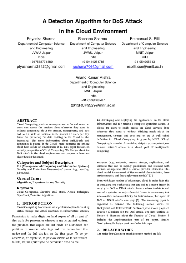 Doc A Detection Algorithm For Dos Attack In The Cloud Environment